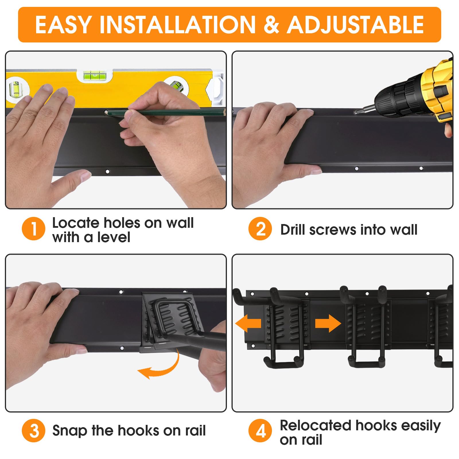 Garage Organization,Garage Tool Organizer with 6 Removable Hooks and 3Rails,Yard Tool Organizer For Garage 48 Inch,Tool Storage Organizer for Ski Gears, Chair, Broom, Mop, Rake Shovel Yard Tools