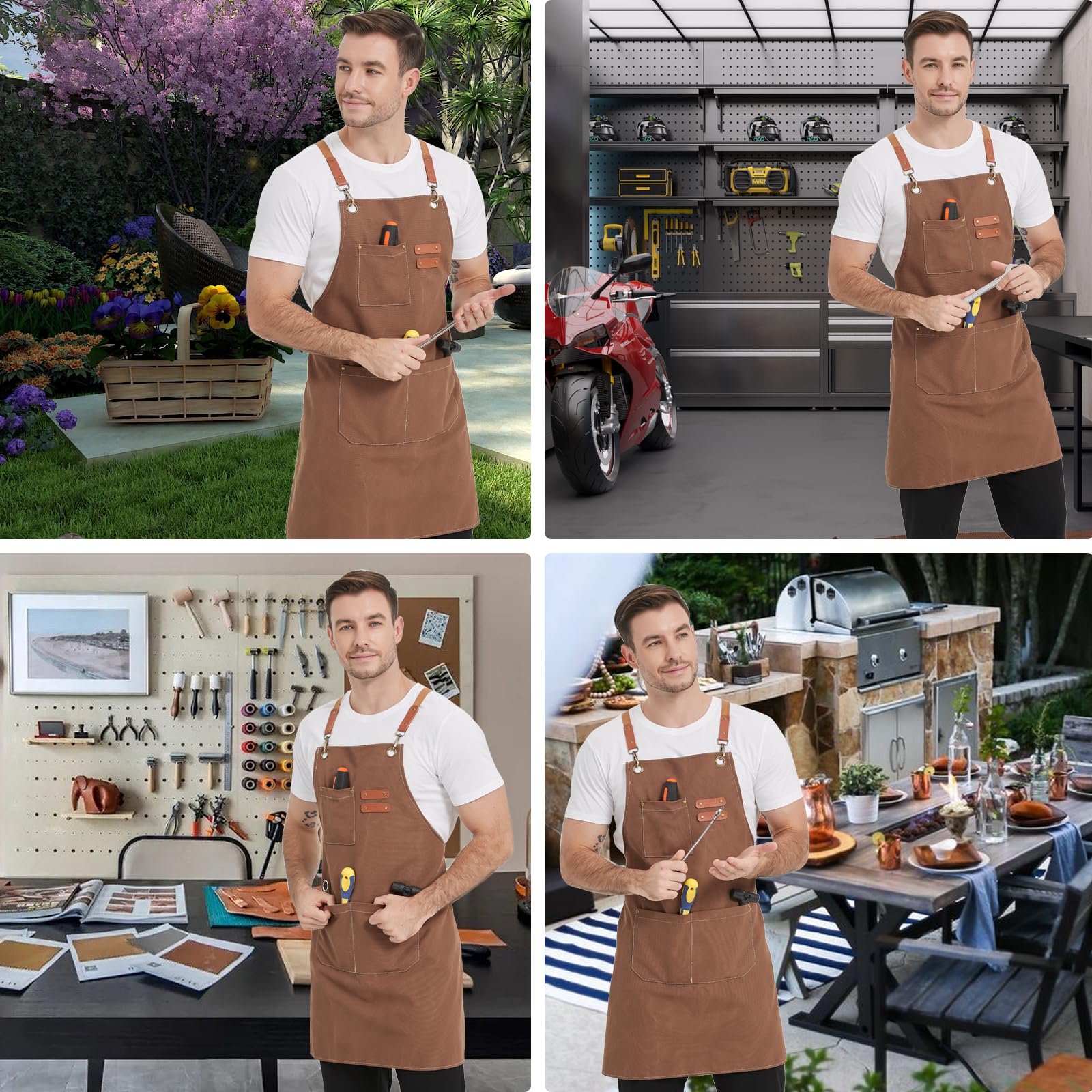 FunChaos Brown Canvas Aprons, Work Aprons for Men Women, Chef Aprons with Adjustable Strap and 3 Pockets, Apron for Servers Kitchen Cooking Baking Artist Painting, Cross Back