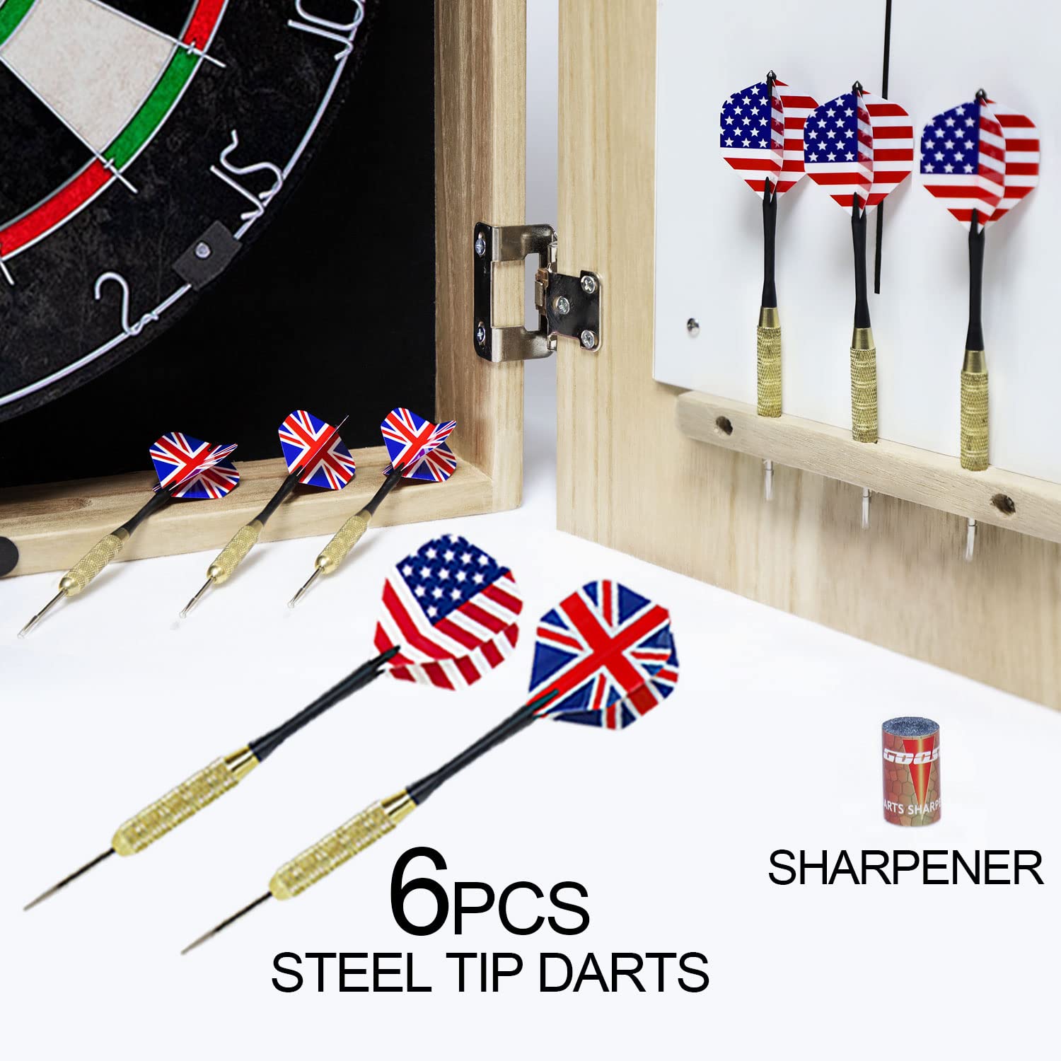 Dart Board Cabinet Set with 18 Inch Bristle Dartboard, Darts Holder Wall Mounted, Darts Throw Line, and Ready-to-Play Bundle with Steel Tip Darts Set