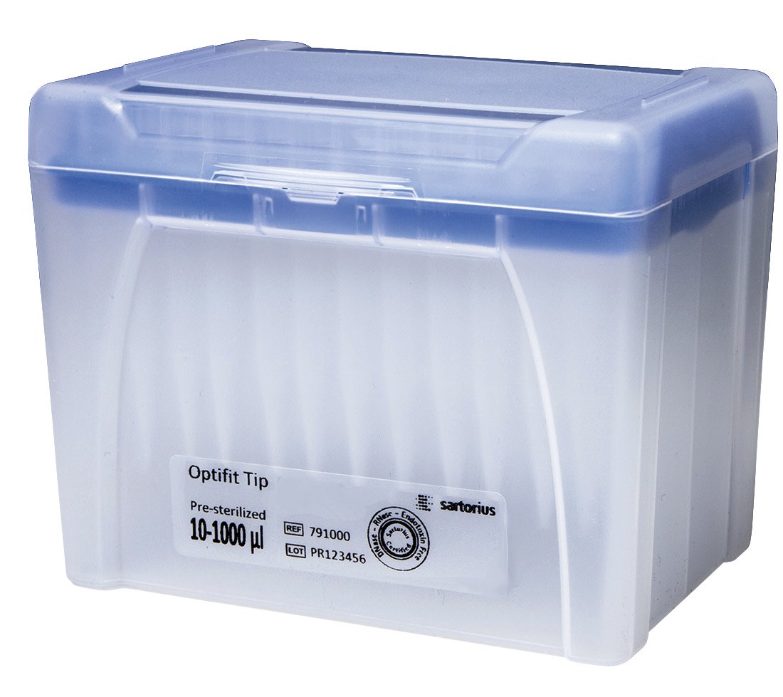 Sartorius 791002 Polypropylene Optifit Pipette Tip, Refill Pack, Non Sterile, Blue, 10-1000µl Volume Range, 71.5mm Length (Case of 960)