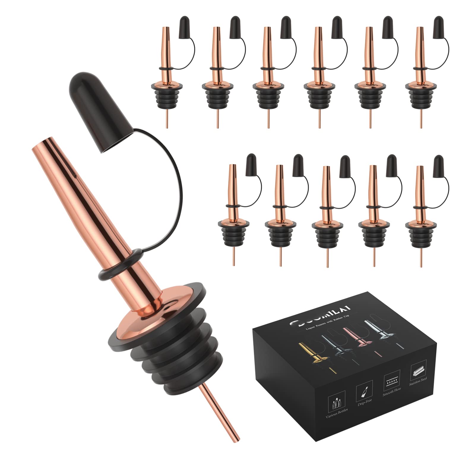 Duomilai 12 Pack Olive Oil Dispenser,Speed Pourers Spouts with Tapered, Liquor Pourers with Rubber Cap, Stainless Steel,Hygienic, Dishwasher Safe, Fits most Classic Bottle's Lip up to 3/4"(Rose Gold)