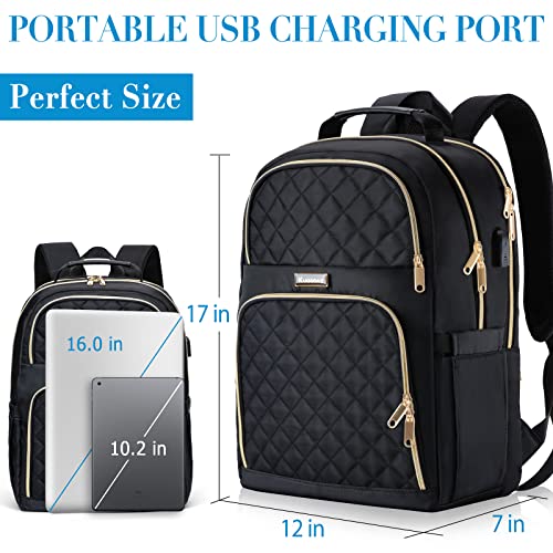 Laptop Backpack for Women, Large School Backpack for Teens, 15.6 Inch Travel Quilted Backpack Purse, Computer Bags with USB Charging Port, Large Capacity Back Pack for College Work Business, Black