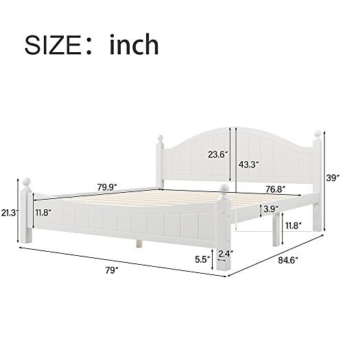 Harper & Bright Designs King Size Platform Bed with Headboard and Footboard,Solid Wood White King Bed Frames with Slat Support, Traditional Concise Style Single King Bed for Teens Adults, White