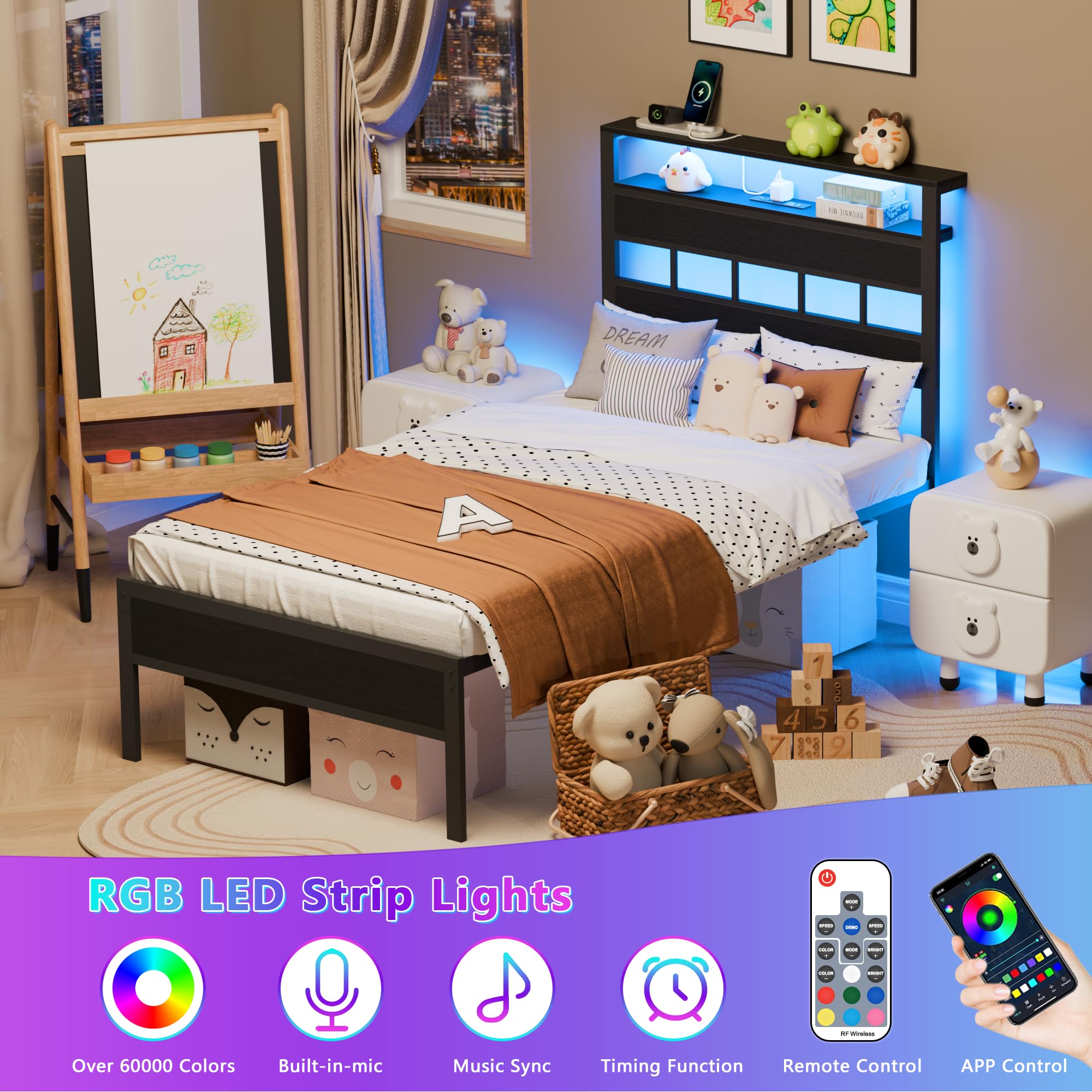 Furnulem Twin Size Bed Frame with Charging Station and LED Lights, Platform Bed with Metal Slats, Grey Upholstered Headboard with 2-Tier Storage Shelves, No Box Spring Needed