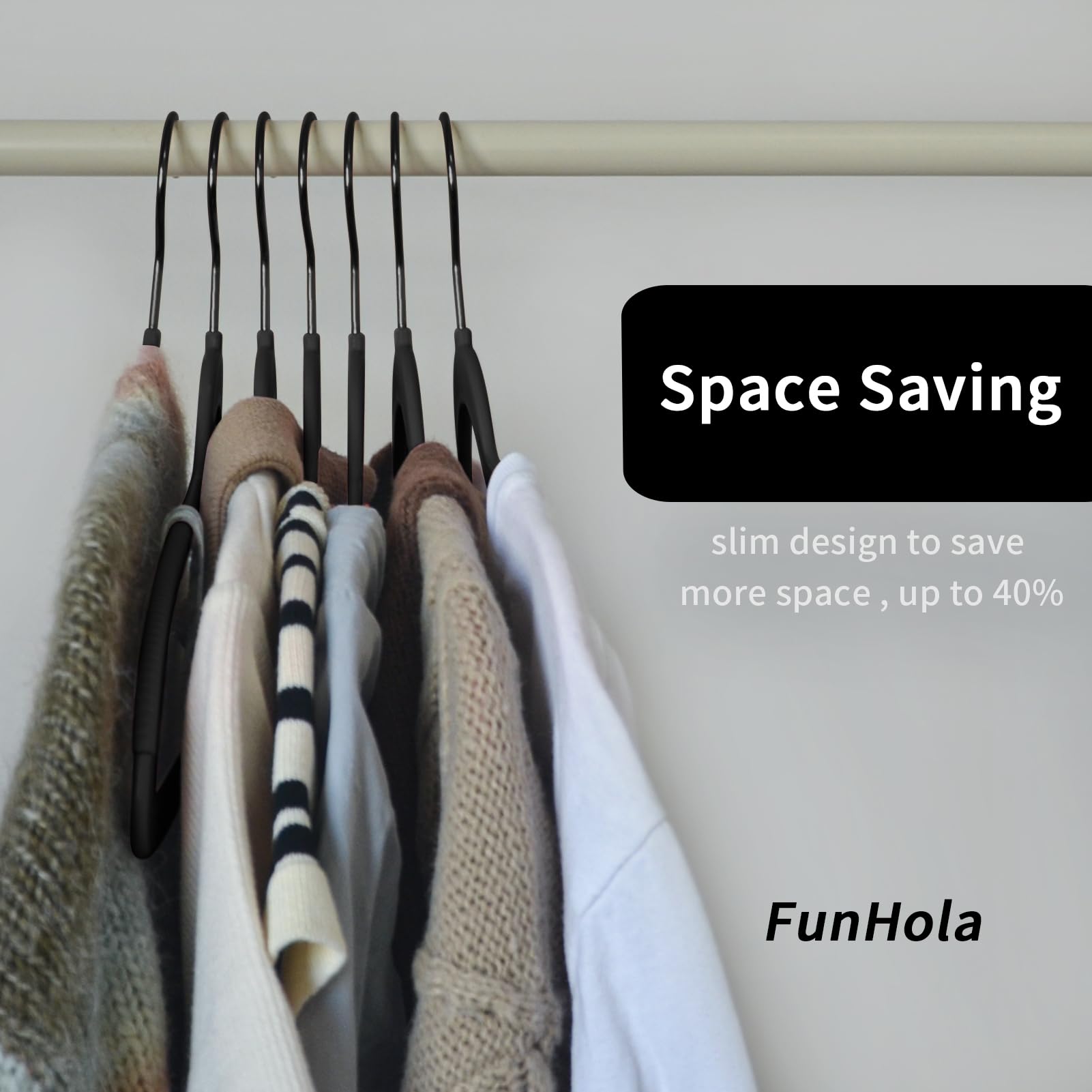FunHola One-Color Look Plastic Hangers Non Slip, 50 Pack, Luxury Coat Hangers, Space Saving up to 40%, Black Plastic with Black 360° Swivel Hook
