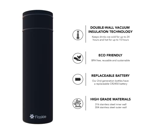 Flaskie Smart Flask (2nd Generation) | 17 Oz | BPA-Free Stainless Steel | Reusable Water Bottle | Replaceable Battery | Double Walled Vacuum Insulated | Keeps Hot for 15 Hrs, Cold for 24 Hrs (Black)