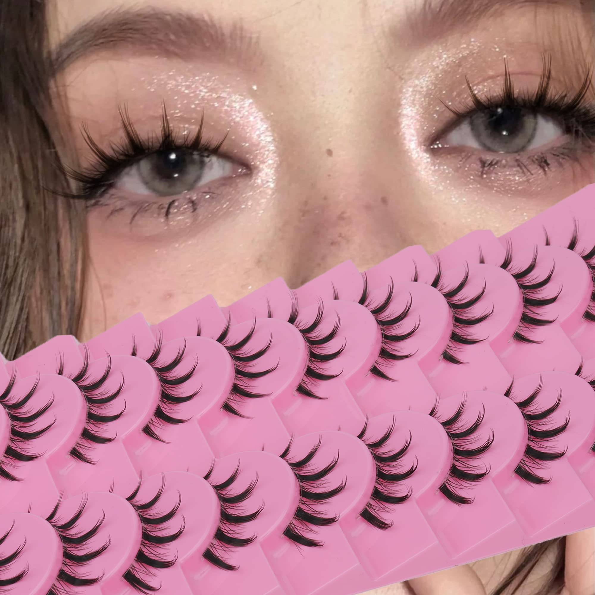 FANXITON Manga Lashes Natural Look 10 Pairs 15mm with Clear Band Japanese Cosplay Lashes Short Handmade 3D False Eyelashes