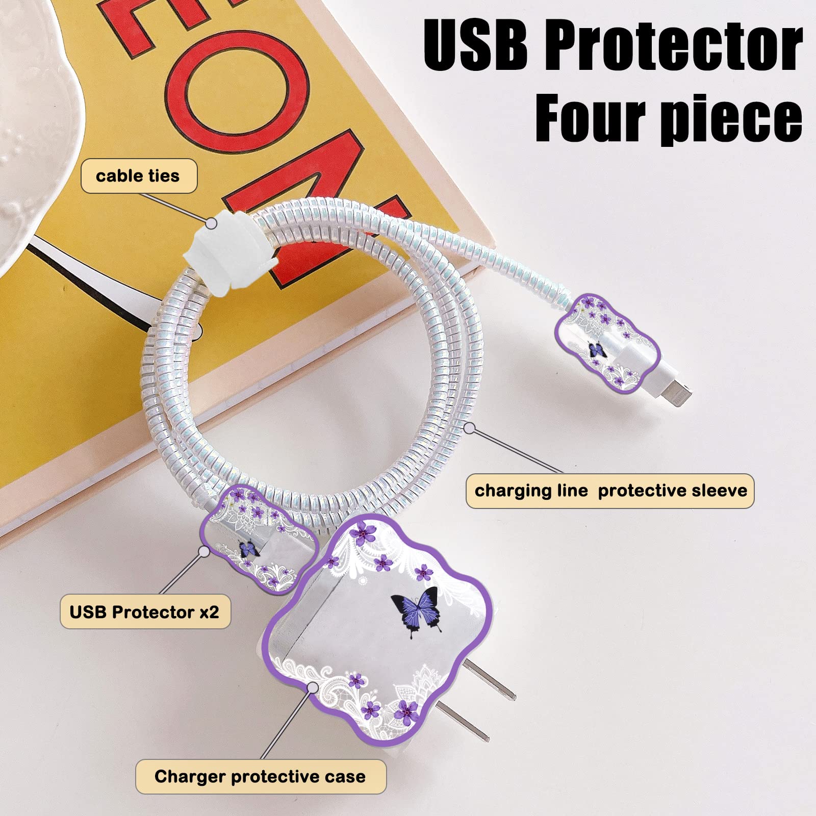 DiyGody Flowers Cable Protector for iPhone 18W/20W Charger with Cute White Lace Waves Shell Design,Data Line Cable USB Wire Saver Charger Protector Compatible with iPhone 11 12 13 14 Pro Max Plus