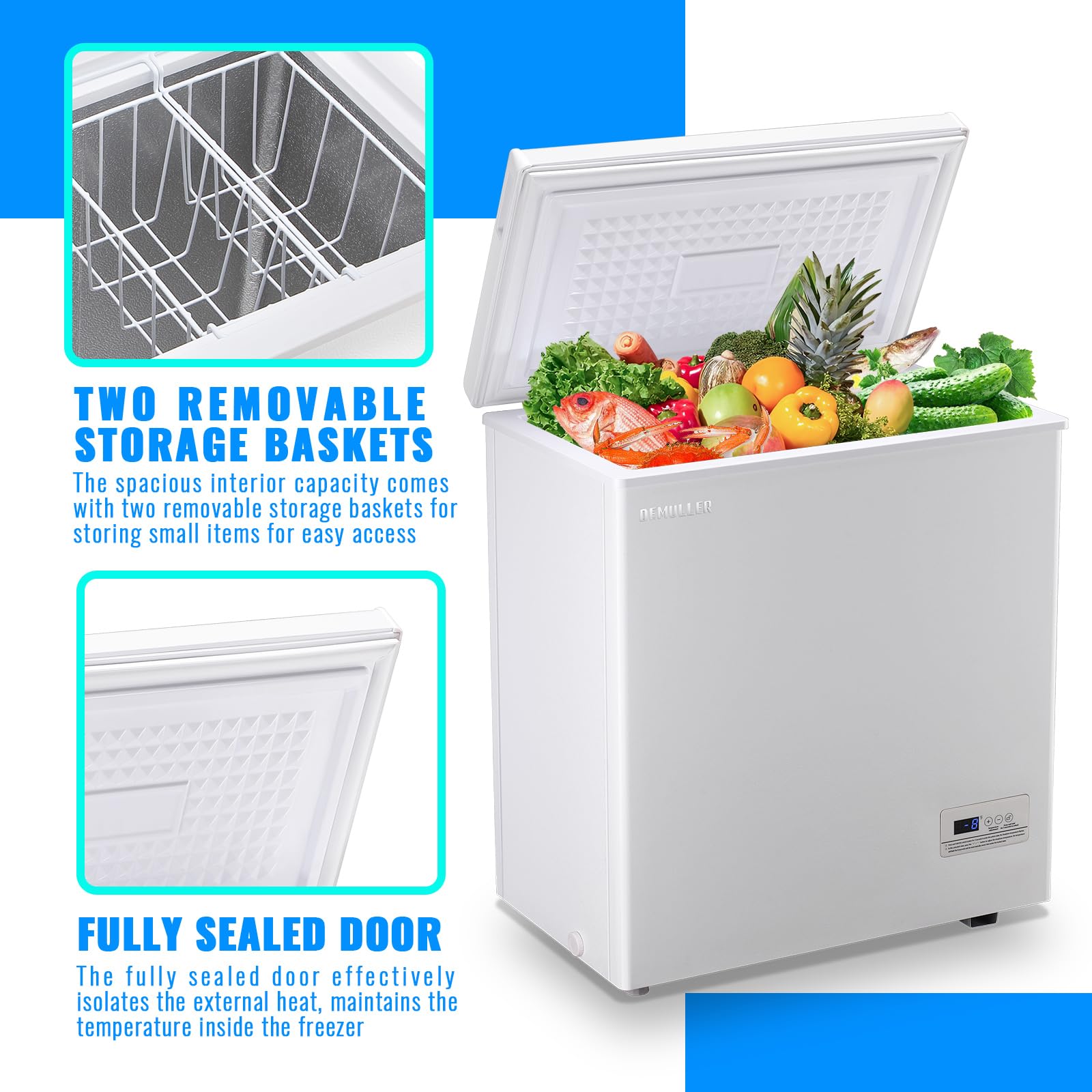 DEMULLER Chest Freezer 5.0 CU.FT Ultra-low Temperature Deep Freezers (Down to -12 ℉) with TWO Removable Baskets Freestanding White Small Mini Compact Fridge Freezer for Home Kitchen Office