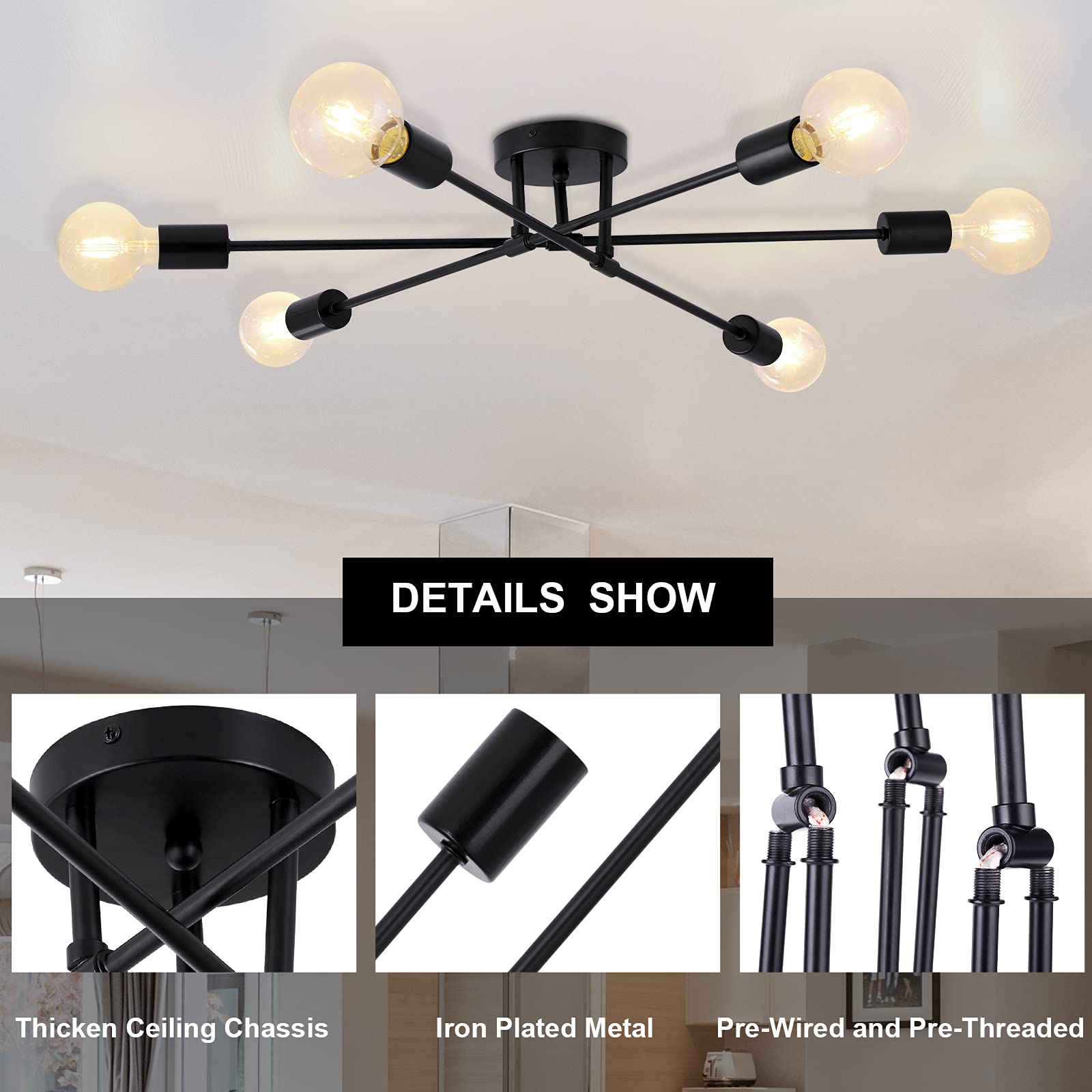 BrkNit 6-Light Sputnik Chandeliers, Black Modern Semi Flush Mount Ceiling Light with E26 Base, Mid Century Industrial Vintage Kitchen Farmhouse Light Fixtures for Dining Room Bedroom Living Room
