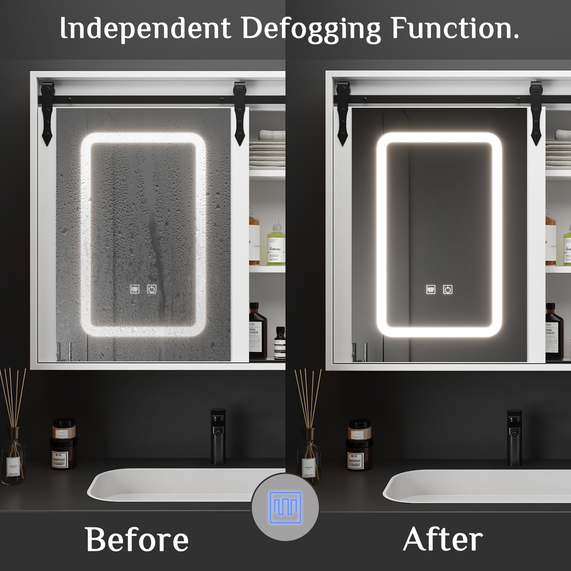 FUNISIR Mirror Medicine Cabinet Wall Mounted, 35.4" x 27.6" Bathroom Lighted Mirror Medicine Cabinet with Farmhouse Sliding Barn Door, Makeup Vanity Mirror with Defogger, Dimmer, Storage