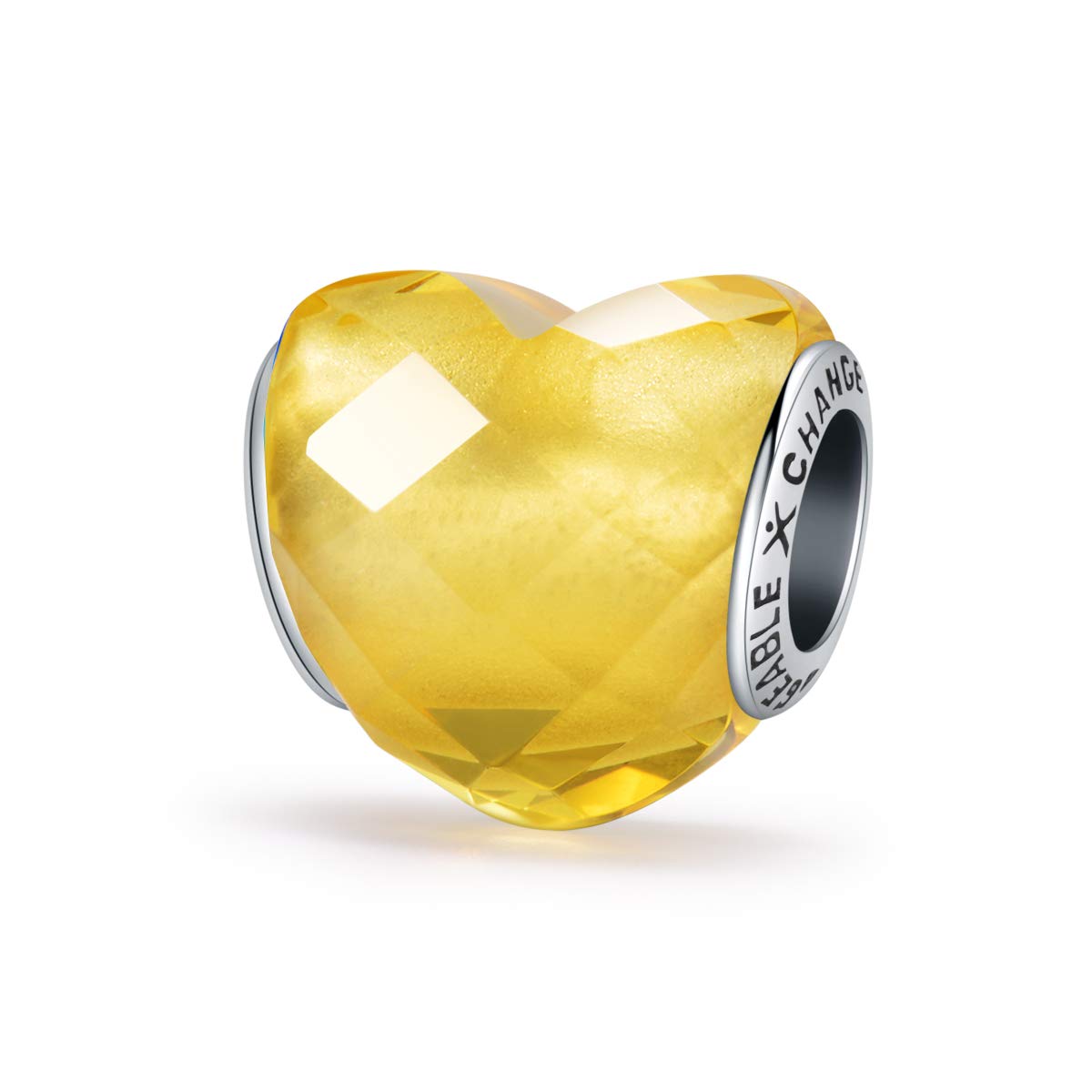 CHANGEABLE Citrine Yellow Charms Murano Glass Beads for Bracelets Love Heart Faceted Stone 925 Sterling Silver
