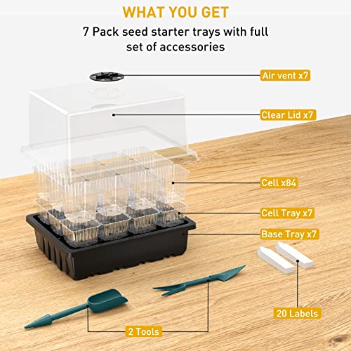 EVEAGE Seed Starter Tray-7 Packs Thicker Seed Starter Kit with 4.4" High Lid and Enlarged Independent Cells (4.5 * 4.5CM) Perfect for Replanting, Seedling Starter Trays with Humidity Vented Domes
