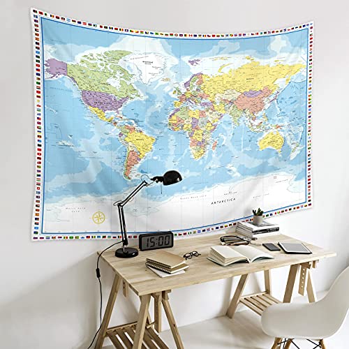 Large World Map Tapestry Wall Hanging Tapestry World Map For Kids Educational Tapestry With Country Flags World Map for Classroom Decor Kids Room Home Traveling Geography Students 60x80 In