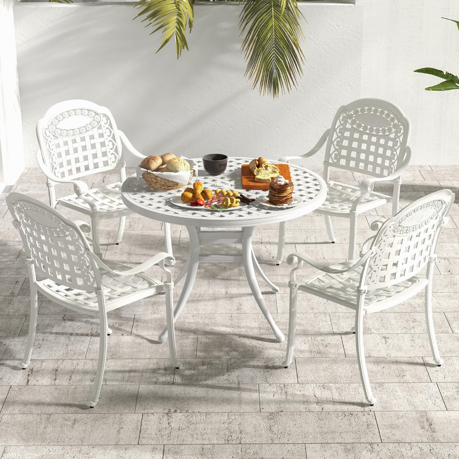 Giantex Stackable Outdoor Chairs Set of 2, All Weather Cast Aluminum Patio Chairs for Lawn Porch Garden Yard, Bistro Dining Chairs with Armrests, Adjustable Foot Pads, Easy Assembly (1, White)