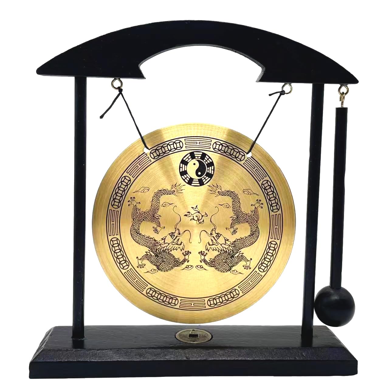 Chinese desktop gong Fengshui Mini table top gong Attached mallet Chan sect Musical Instruments Family decorations Holiday gifts Attached red rope bracele (Double Dragons)