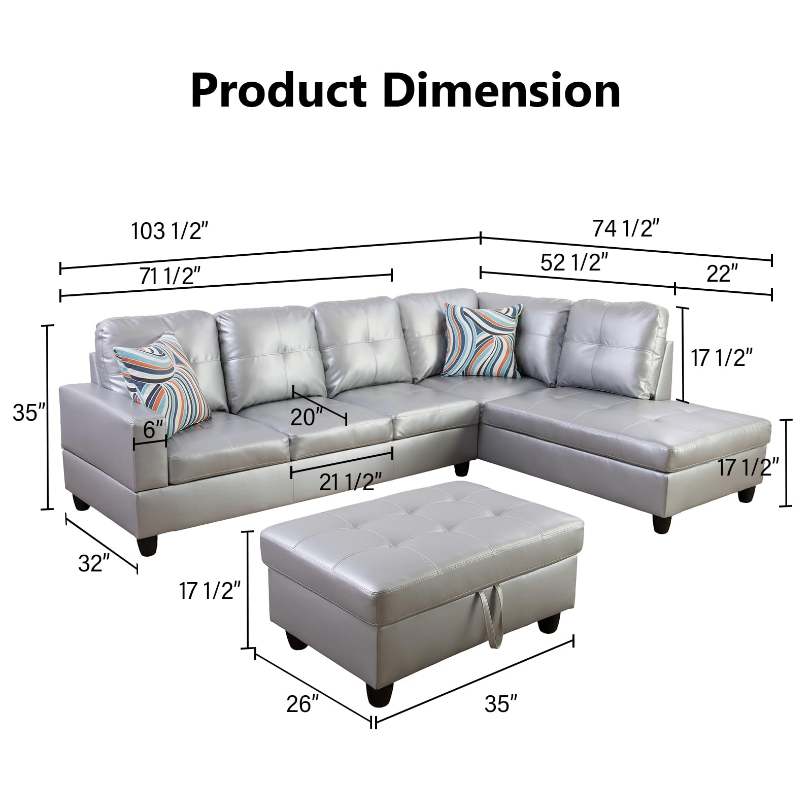 Etelifrank Modern Sectional Couch Set,Faux Leather Sofa with Chaise 3 Seating Sofa and Storage Ottoman,L Shape Sectional Sofa for Living Room Furniture Sets,(Facing Right Chaise)