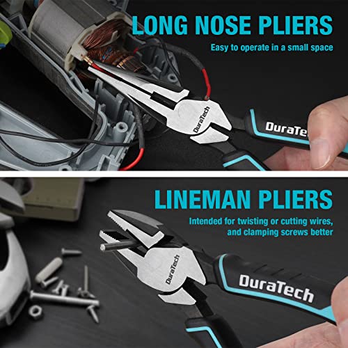 DURATECH 7-Piece Pliers Set, Premium Cr-Ni Construction (10", 8" Groove Joint Pliers, 8", 6" Long Needle Nose, 8" Linesman, 6" Slip Joint, 6" Diagonal) for Basic Repair, with Oxford Rolling Pouch