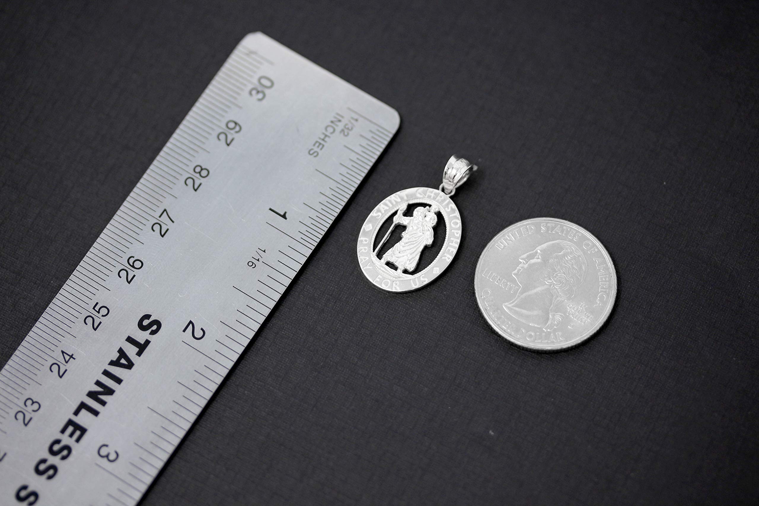 CaliRoseJewelry 10k Saint Christopher Pray for Us Oval Charm Pendant Necklace in White Gold, 16"