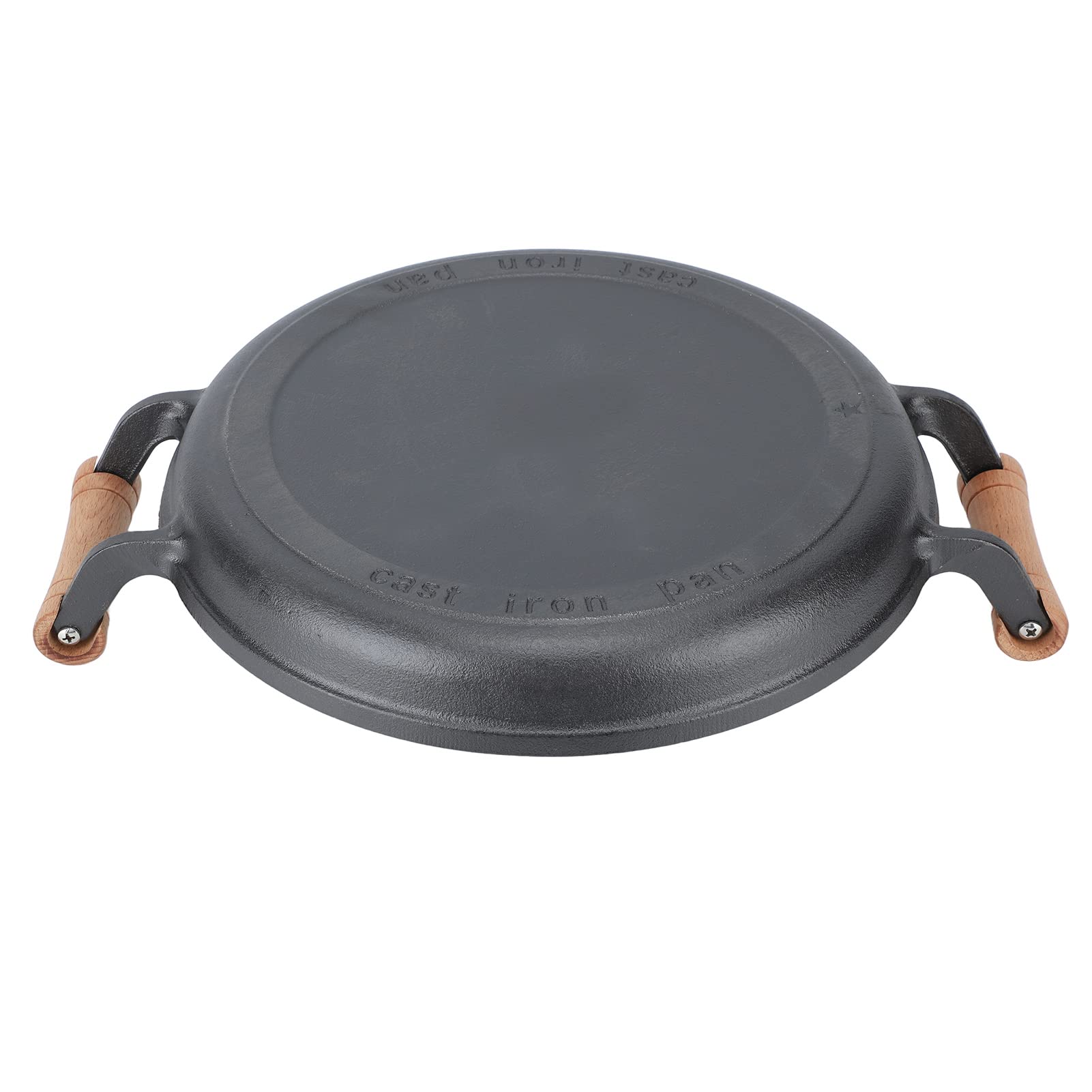 Depurate Round Cast Iron BBQ Grill Pan Dual Wooden Handles Steak Frying Meats Roasting Skillets Gatherings (33cm/12.99in)