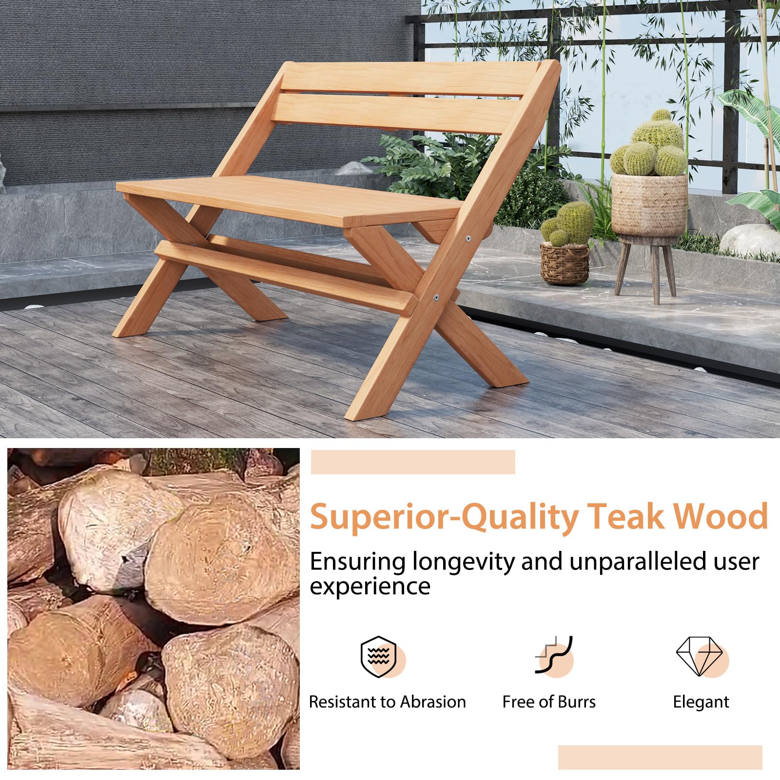 Giantex Wood Outdoor Bench Folding - 2-Person Patio Garden Bench with Solid Teak Wood Structure, Natural Appearance, Foldable Park Bench for Patio, Porch, Backyard, Poolside, Outside Bench Seat