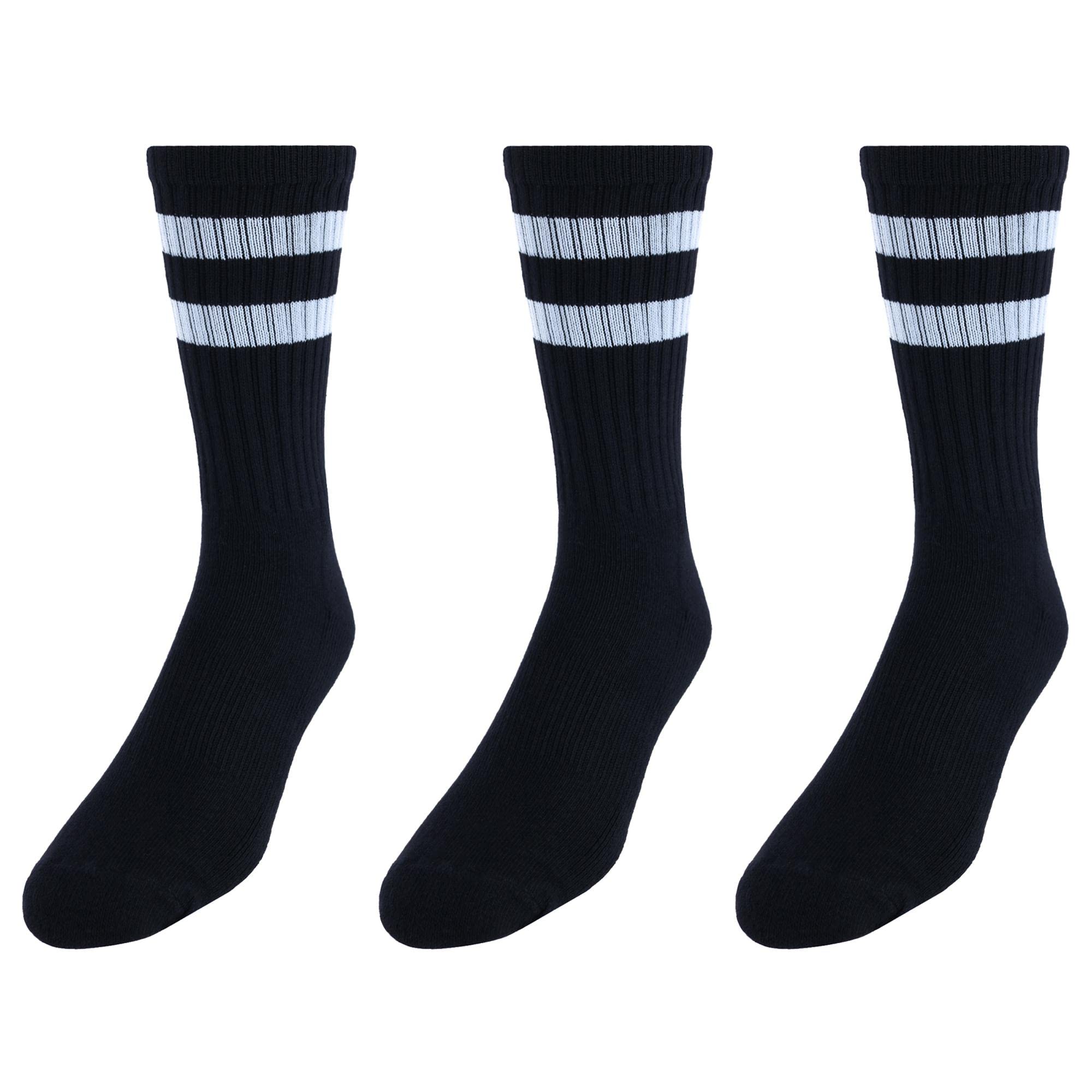 CTM® Men's Crew Striped Socks (3 Pairs), Black with White Stripes