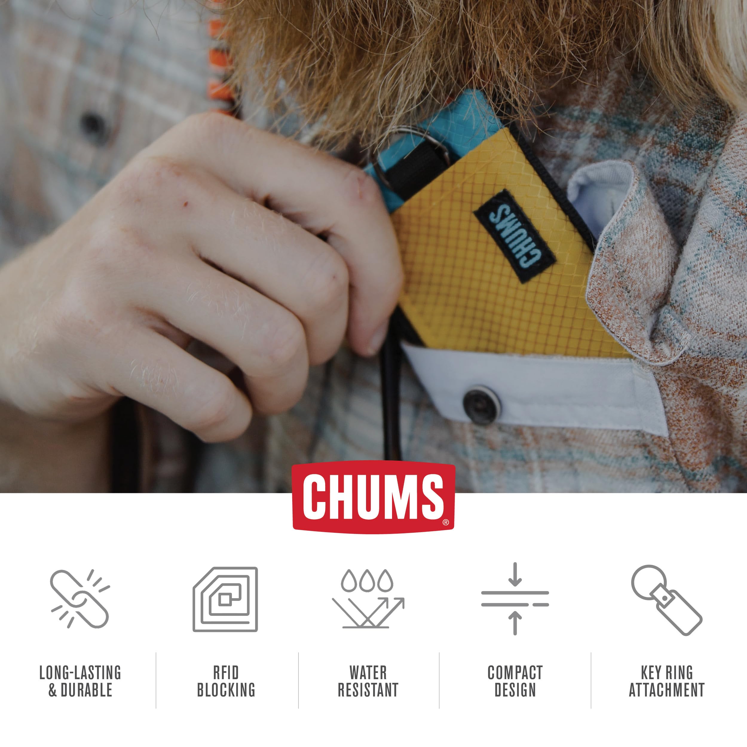 Chums Surfshorts Wallet - Lightweight Slim Wallet with RFID Blocking Card & Clear ID Window - Zippered, Water Resistant w/Key Ring (Tan)