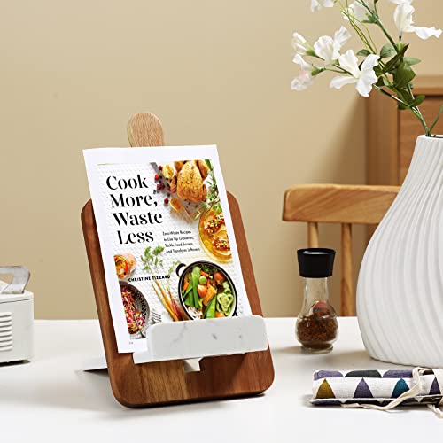 EVERBBKING Cookbook Stand,Acacia Wood Cutting Board Style Cookbook Holder for Kitchen Counter Adjustable iPad Tablet Recipe Book Stand with Marble Base