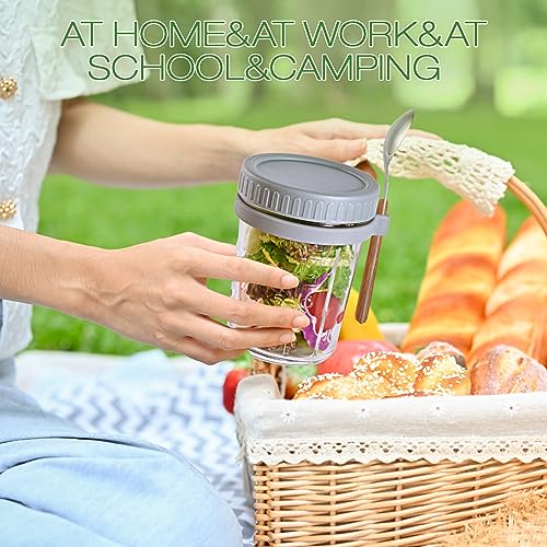 Hoa Kinh Overnight Oat Containers with Lids and Spoon 16oz 2Pack Glass Mason Jars for Overnight Oats, Cereal, Milk, Vegetable and Fruit Salad, Airtight Jars with Two Measurement Marks(Grey and Green)