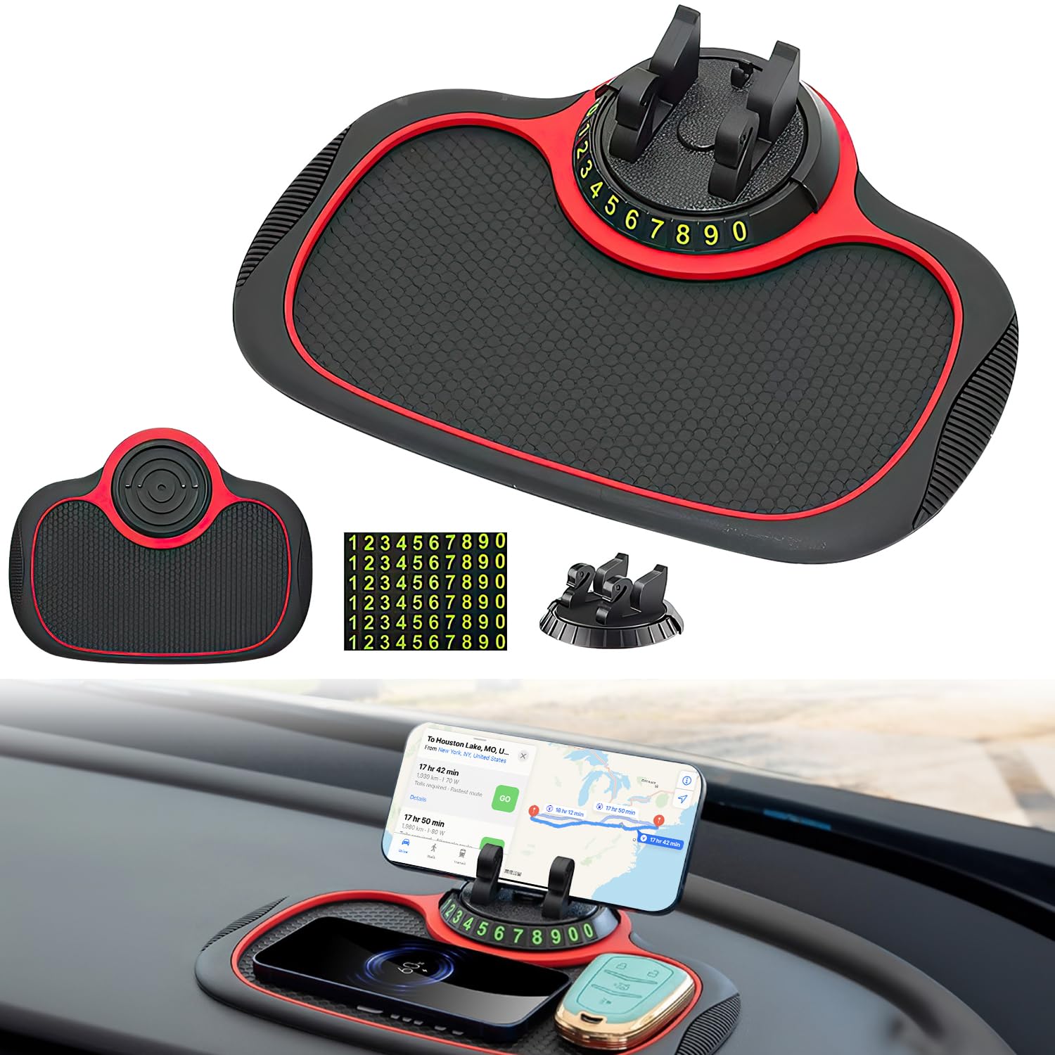 DAFUZ Multifunction Car Anti-Slip Mat Auto Phone Holder, Car Phone Mount Silicone Car Pad Mat, Universal Multifunction Car Dashboard Mat with Phone Holder in Car (1PCS-Red)