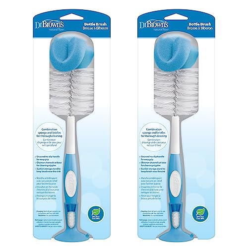 Dr. Brown's Reusable Sponge Baby Bottle Cleaning Brush with Suction Cup Stand, Scrubber and Nipple Cleaner, Blue 1-Pack (Pack of 2)