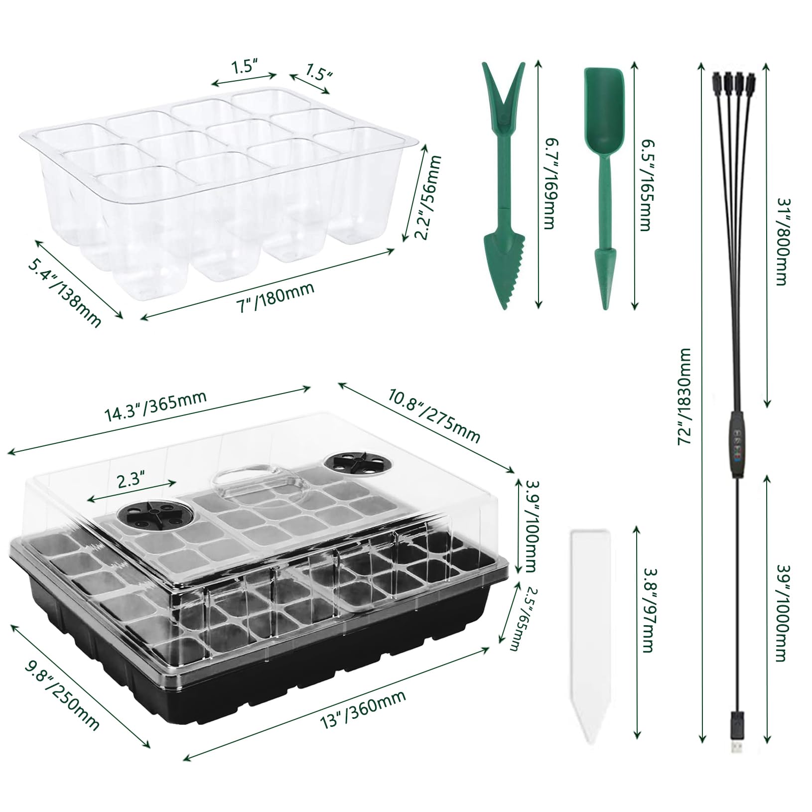 CANNABMALL 2 Packs Seed Starter Tray with Grow Light Samsung LM281B Diodes, Dimmable Seedling Starter Trays, 96 Cells Germination Trays Kit with Humidity Dome for Indoor Gardening Plant Black
