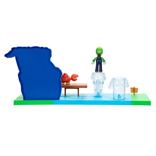 Super Mario Sparkling Waters Action Figures Playset Includes 2.5 Inch Luigi & Red Huckit Crab with Interactive Pieces