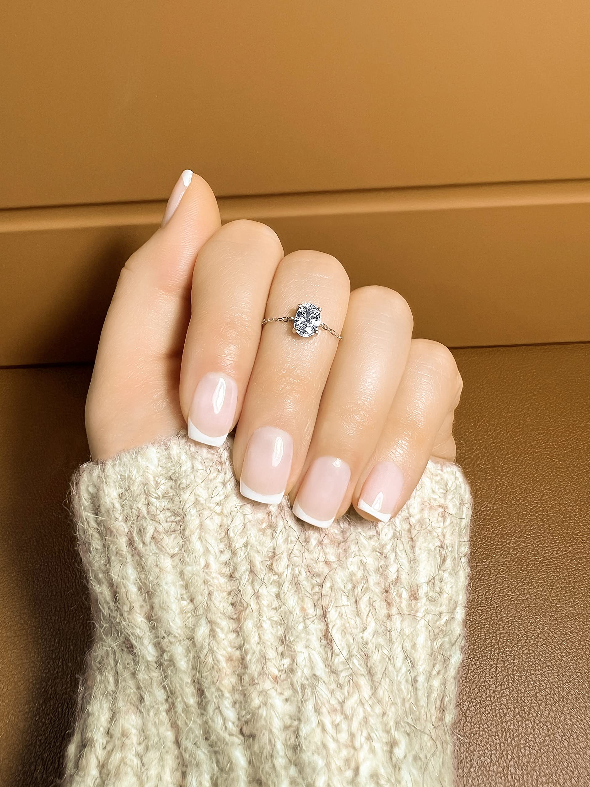 DANTE Adjustable Sterling Silver Chain Ring - Women’s Ring with Adjustable Sterling Silver Chain - Premium Stackable Rings with Chain Adorned with Luxurious Oval Cubic Zirconia - Rings for Women