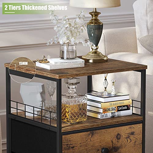 EnHomee Nightstand Set of 2, Bedside Table with Fabric Drawers and Open Wood Shelf Storage, Industrial Bed Side Table, Night Stand for Bedroom, Living Room, Dorm, Easy Assembly and Pull, Rustic Brown