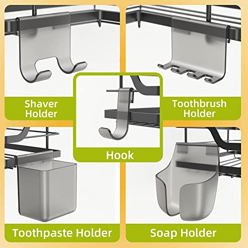 ENIBOE Corner Shower Caddy with 6 Hooks, Self Adhesive Shower Shelves, No Drill Wall Mount Rustproof Shower Organizer, Shower Storage for inside Shower, Large Capacity Shower Rack, 2 Pack (Black)