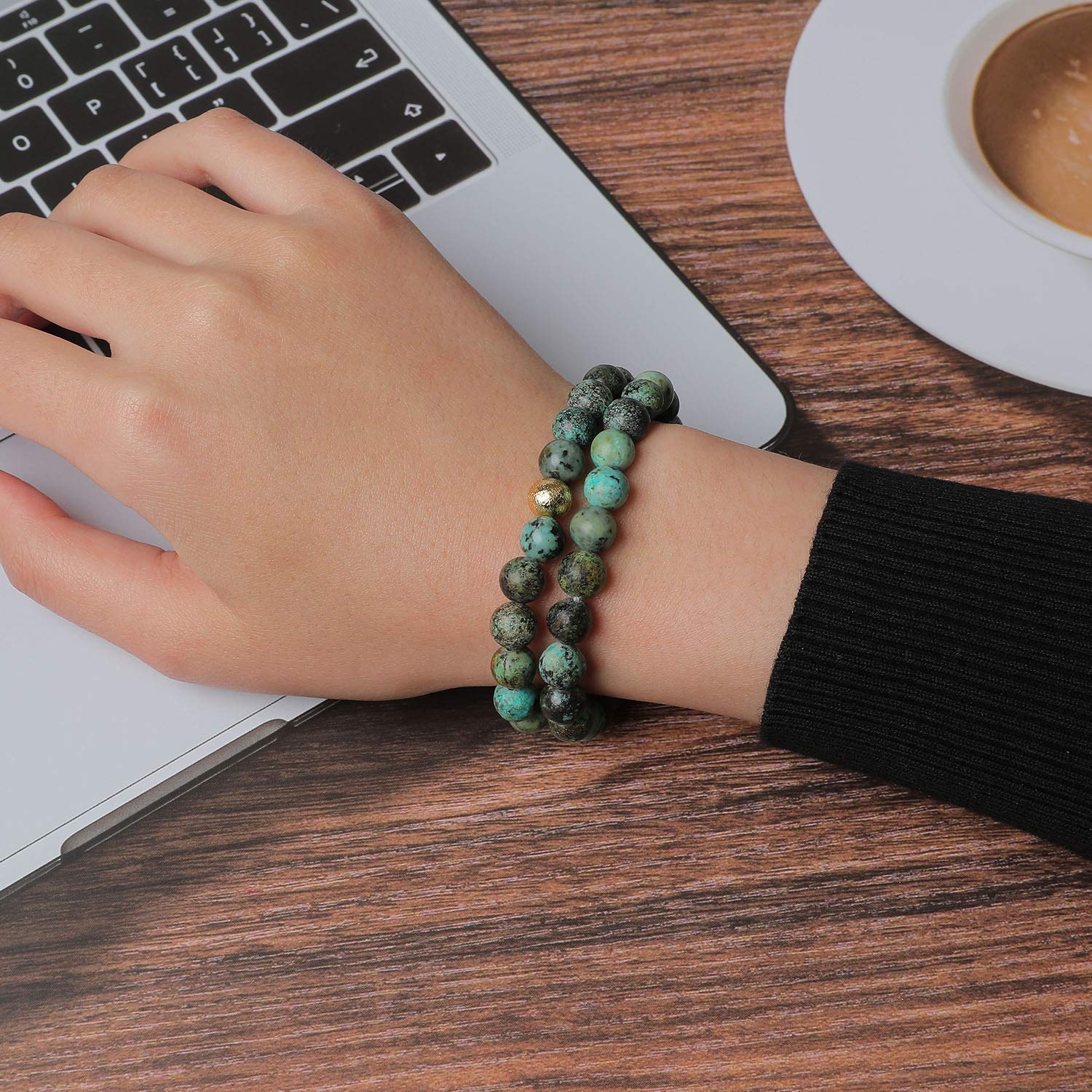 CHOGLE Stackable Beaded Bracelets for Women - Gemstone Beads 8mm Bracelet - Stretch Strand Friendship Bracelet Set for Girls (African Turquoise Beaded Strand Bracelet)