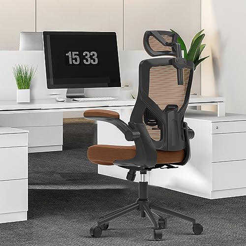 π―πΆπ΄π¬ πΆπππ°πͺπ¬ πͺπ―π¨π°πΉ, Ergonomic Mesh Desk Chair, High Back Computer Chair- Adjustable Headrest with Flip-Up Arms, Lumbar Support, Swivel Executive Task Chair (Mummy Brown, Modern)
