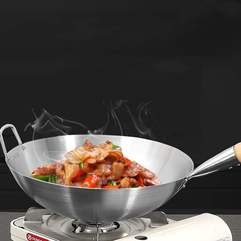DOITOOL 1pc Stainless Steel Wok with Wood Handle Traditional Hand Hammered Carbon Steel Pow Wok Practical Wok Kitchen Utensil (Silver)