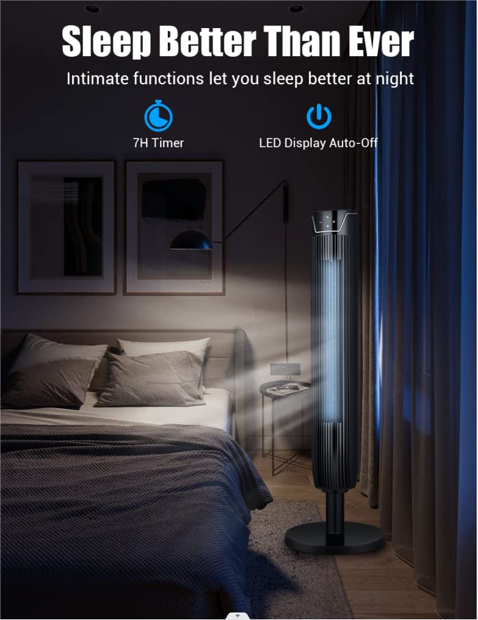 KopBeau Tower Fan for Bedroom, 42 Inch Oscillating Cooling Fans with Remote, Quiet Bladeless Floor Powerful Fan, 3 Modes, Buit-in 7Hrs Timer and LED Display, Standing Fans for Home Office, Black