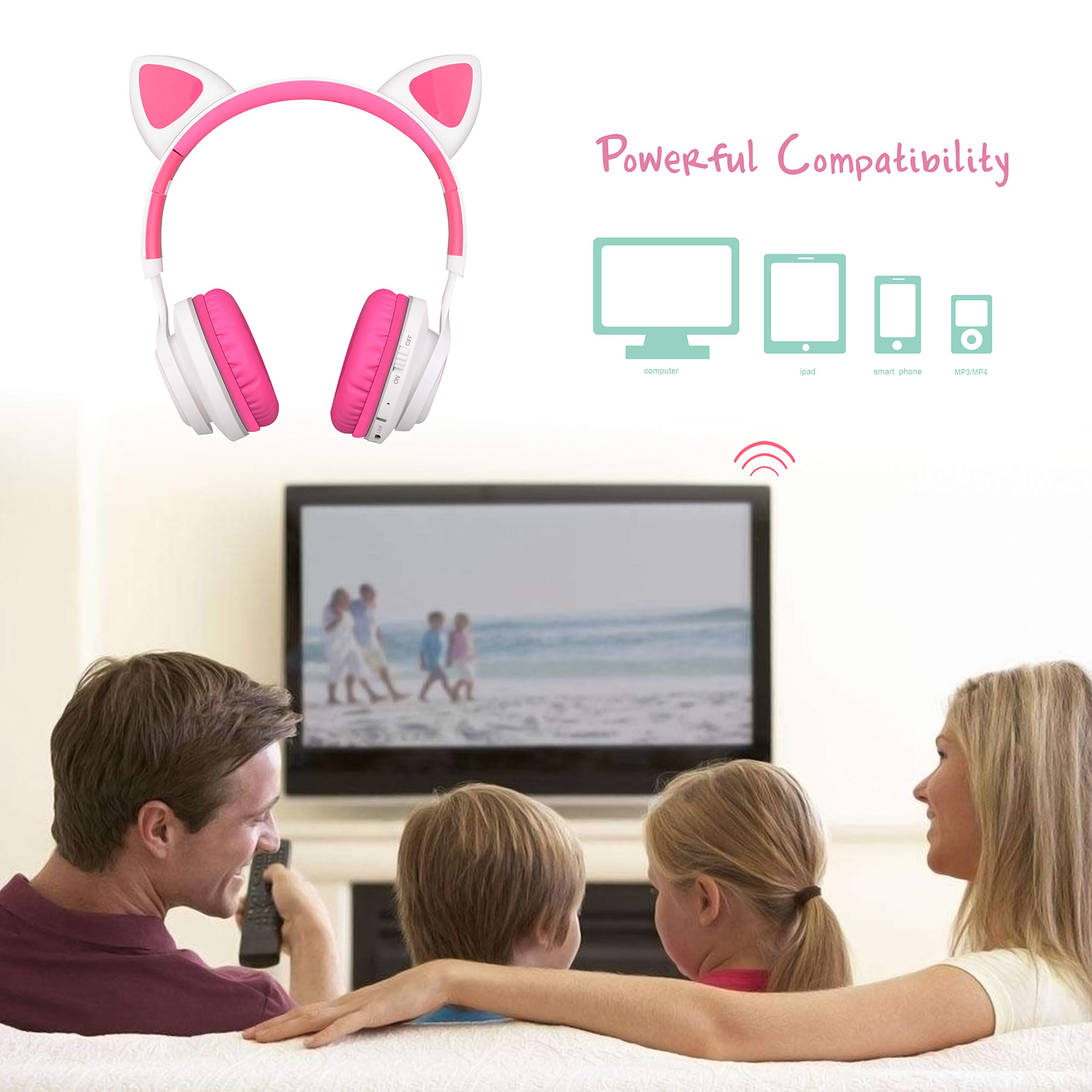 Riwbox CT-7 Cat Ear Bluetooth Headphones, LED Light Up Bluetooth Wireless Over Ear Headphones with Microphone and Volume Control for Travel/School/Smartphones/Laptop/PC/TV