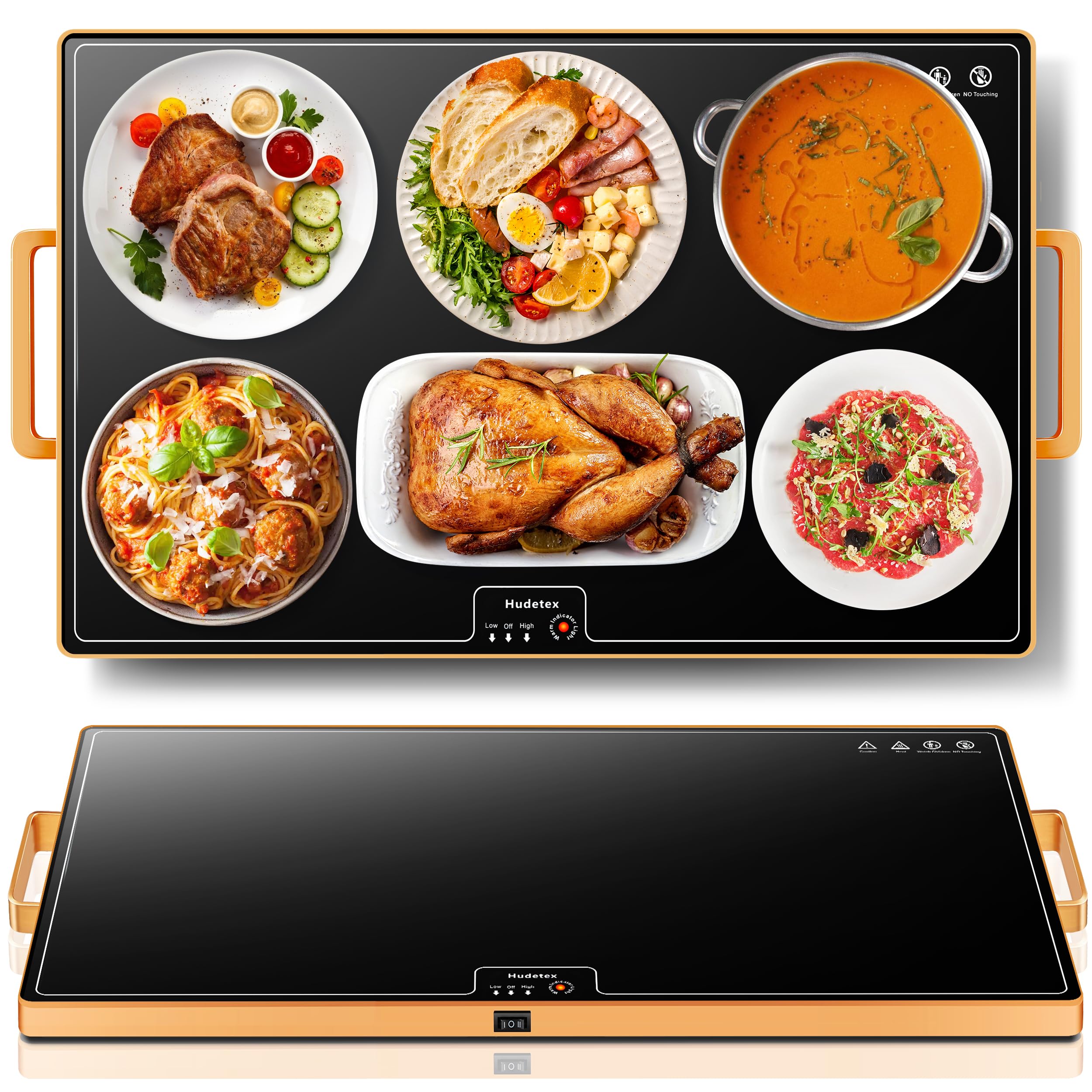 Electric Warming Tray(Large 24"x16"),Food Warmer with Thermostat and Full Surface Heating,Food Warming Mat with 2 Temperature Modes for Parties Buffet,Gatherings,Gold Edge Handles Warming Mat for Food