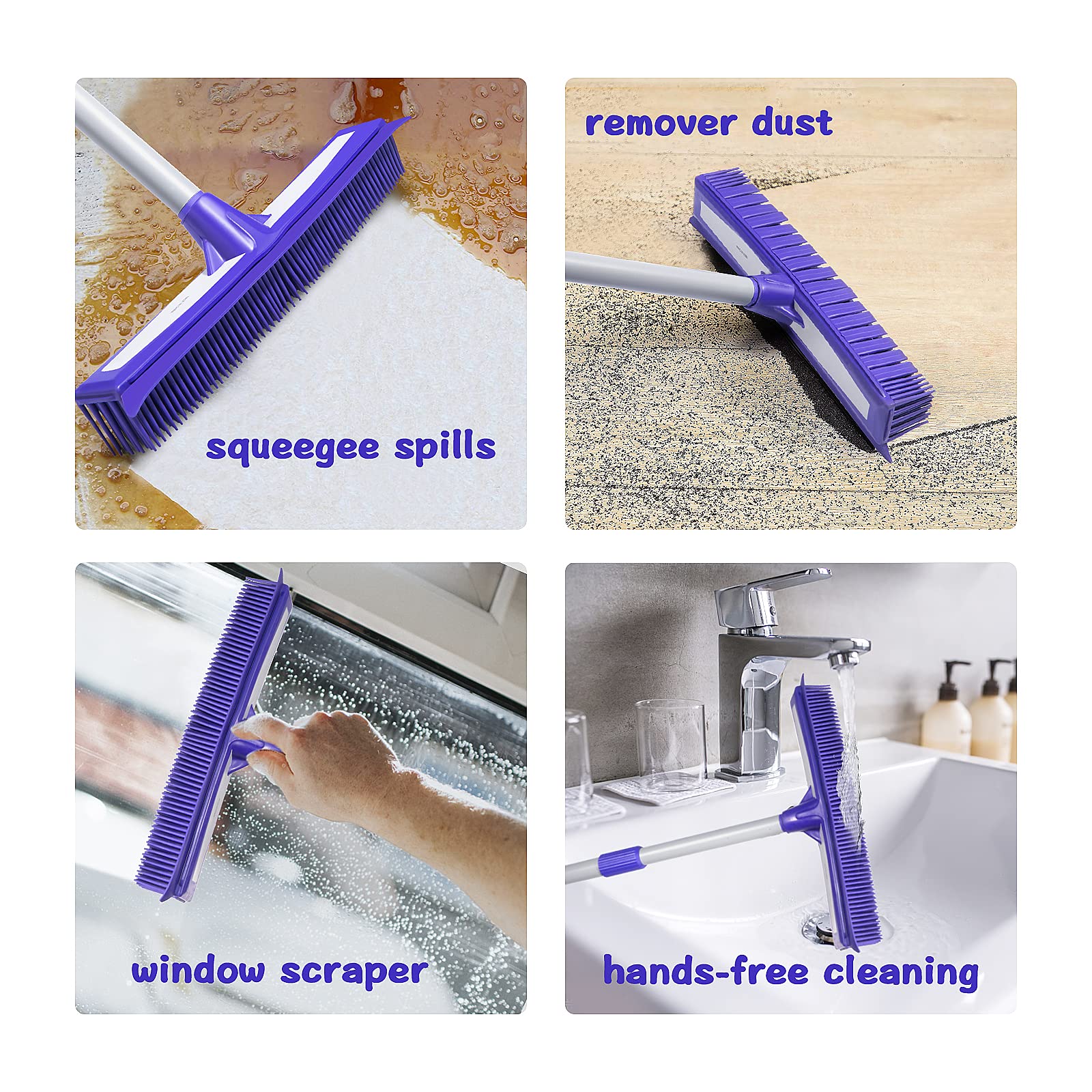 CLEBROOM Soft Rubber Push Broom-Extendable Telescopic Long Handle Bristles Squeegee Broom Bristle Sweeper Removal Pet Dog Hair for Cleaning Hardwood Carpet Tile Windows Clean Water Resistant (Blue)