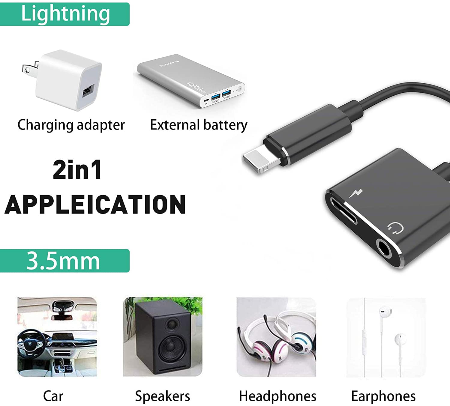MFi Certified] Lightning to 3.5 mm Headphone Jack Adapter for iPhone, 2 in 1 Lightning to 3.5mm AUX Audio Charger Splitter Compatible with iPhone 14 13 12 11 XS XR X 8 7 Audio Earphone Adaptor