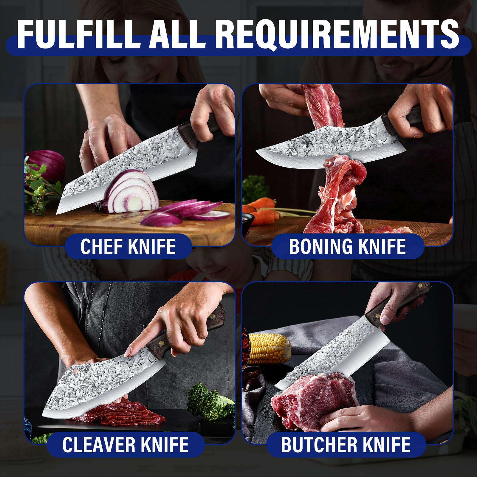 DRAGON RIOT Professional Butcher Knife Set for Meat Processing, 4Pcs High Carbon Steel Hand Forged BBQ Knife Set, Chef Cleaver Knife Set for Kitchen Outdoor Cooking Father's Day Gift