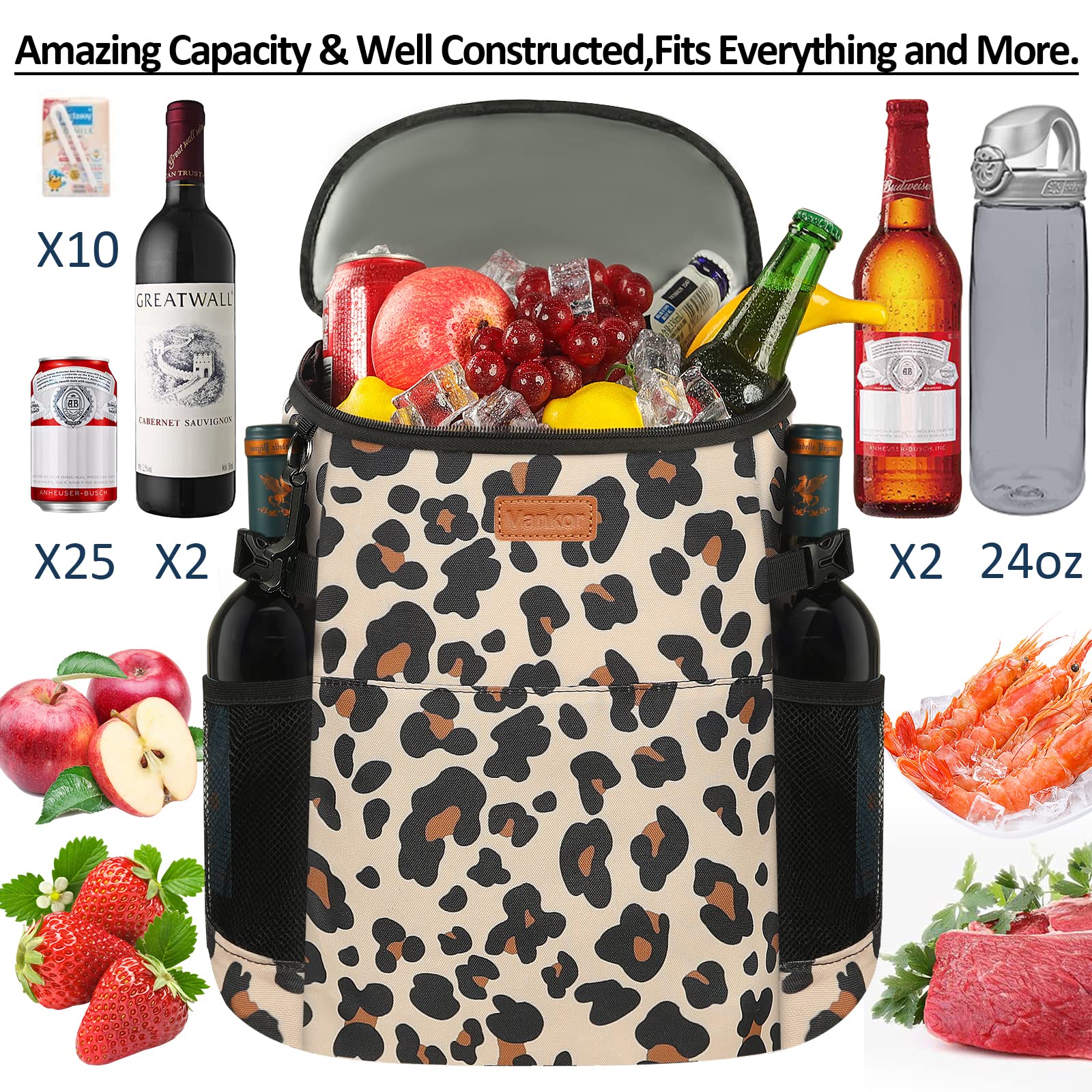 Camping Cooler Backpack 30 Cans, Soft Backpack Coolers Insulated Leak Proof Travel Cooler Bag Waterproof Lunch Picnic Beach Work Trip Thermal Bag Drink Beverage Beer Bag Cooler Leopard Print
