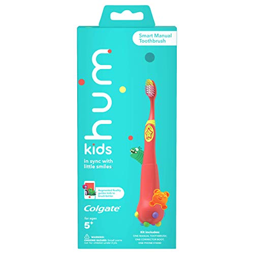 Colgate hum Smart Manual Kids Toothbrush, hum Kids Toothbrush With Phone Stand, App Makes Brushing Fun, Child-Size Brush Head With Extra Soft Bristles, Coral