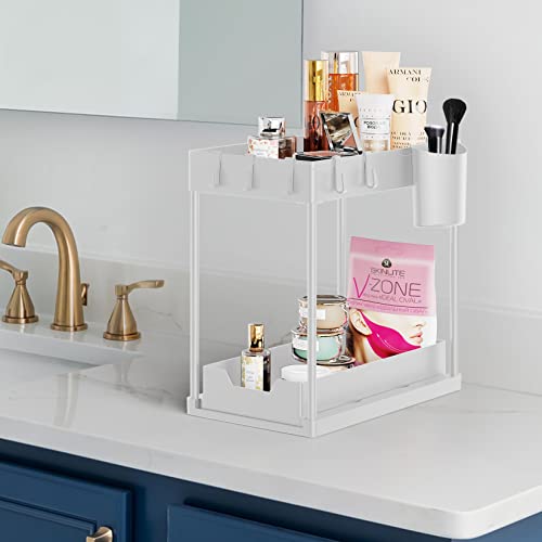 EWU Under Sink Organizers and Storage, 2 Tier Under Sink Organizer with Sliding Storage Drawer, Multi-purpose Storage Shelf for Kitchen Bathroom Bedroom with Hanging Cup and 5 Hooks, White