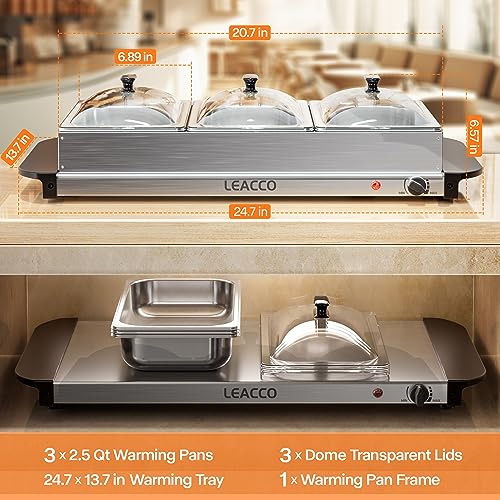 Leacco Buffet Server & Food Warmer, 3 x 2.5Qt Electric Chafing Dish Set, 25 x 14 Warming Tray Stainless Steel for Parties, Catering, Events