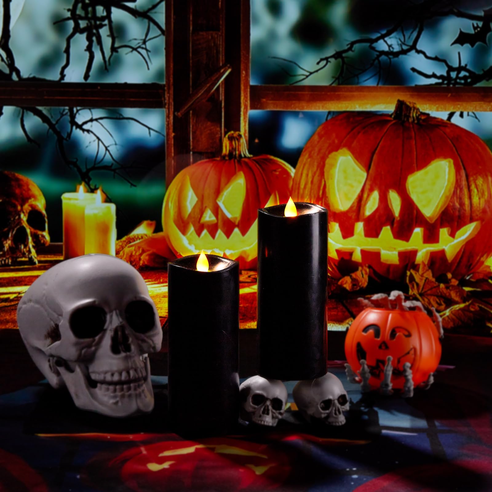 Enpornk 7” x 3” Flameless Candles, Flickering Moving Flame LED Candles, Battery Operated Candles with Remote and Timers, Black, Set of 2